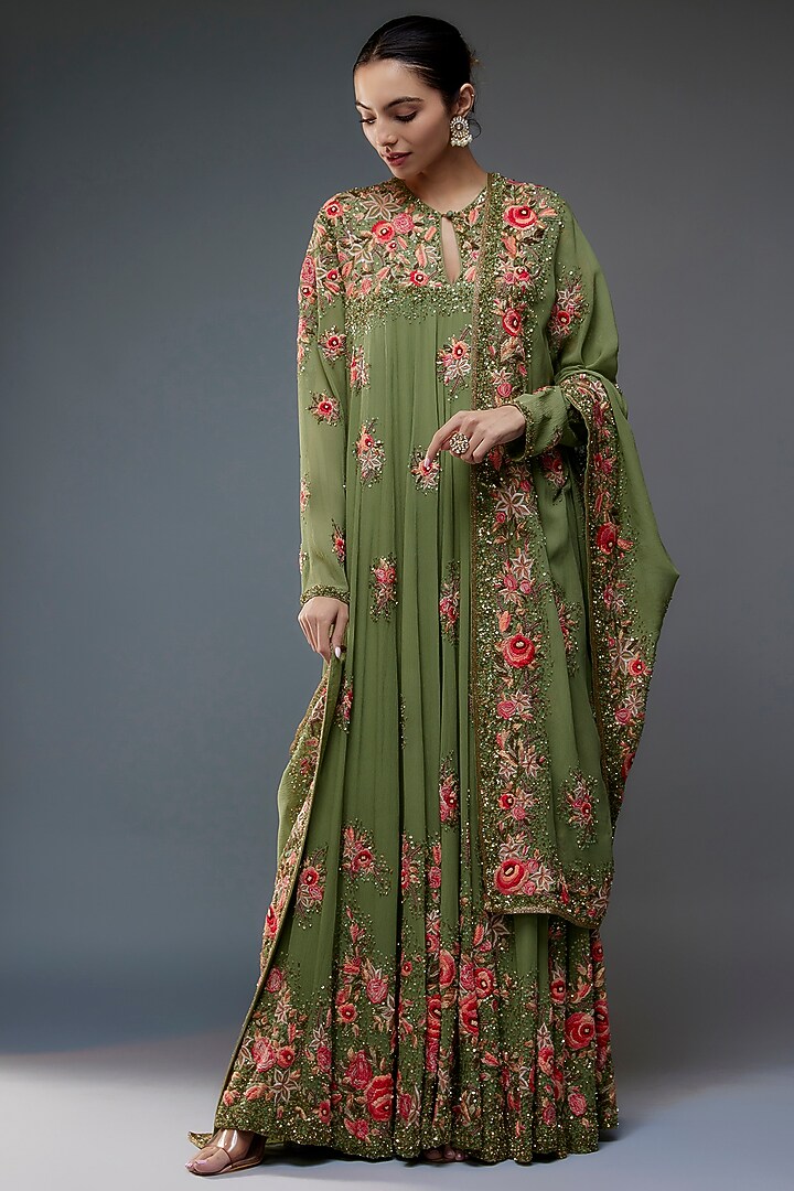 Pista Green Silk Chiffon Floral Embroidered Anarkali Set by Nakul Sen ...
