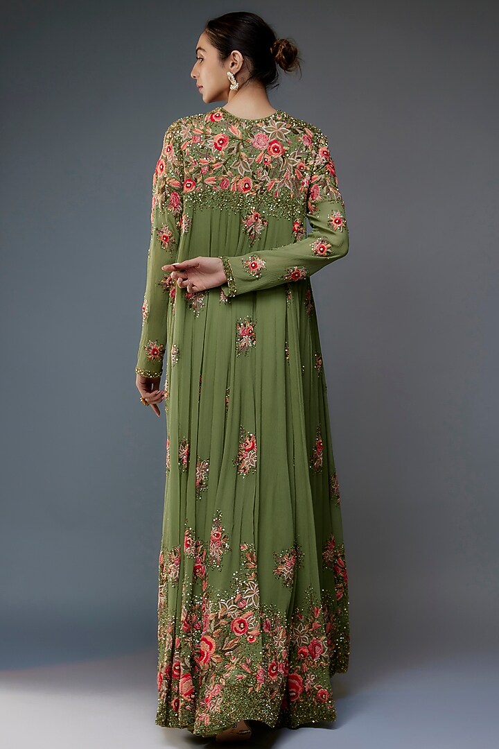 Pista Green Silk Chiffon Floral Embroidered Anarkali Set by Nakul Sen ...