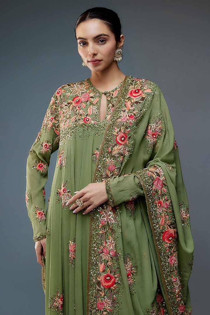 Pista Green Silk Chiffon Floral Embroidered Anarkali Set by Nakul Sen ...