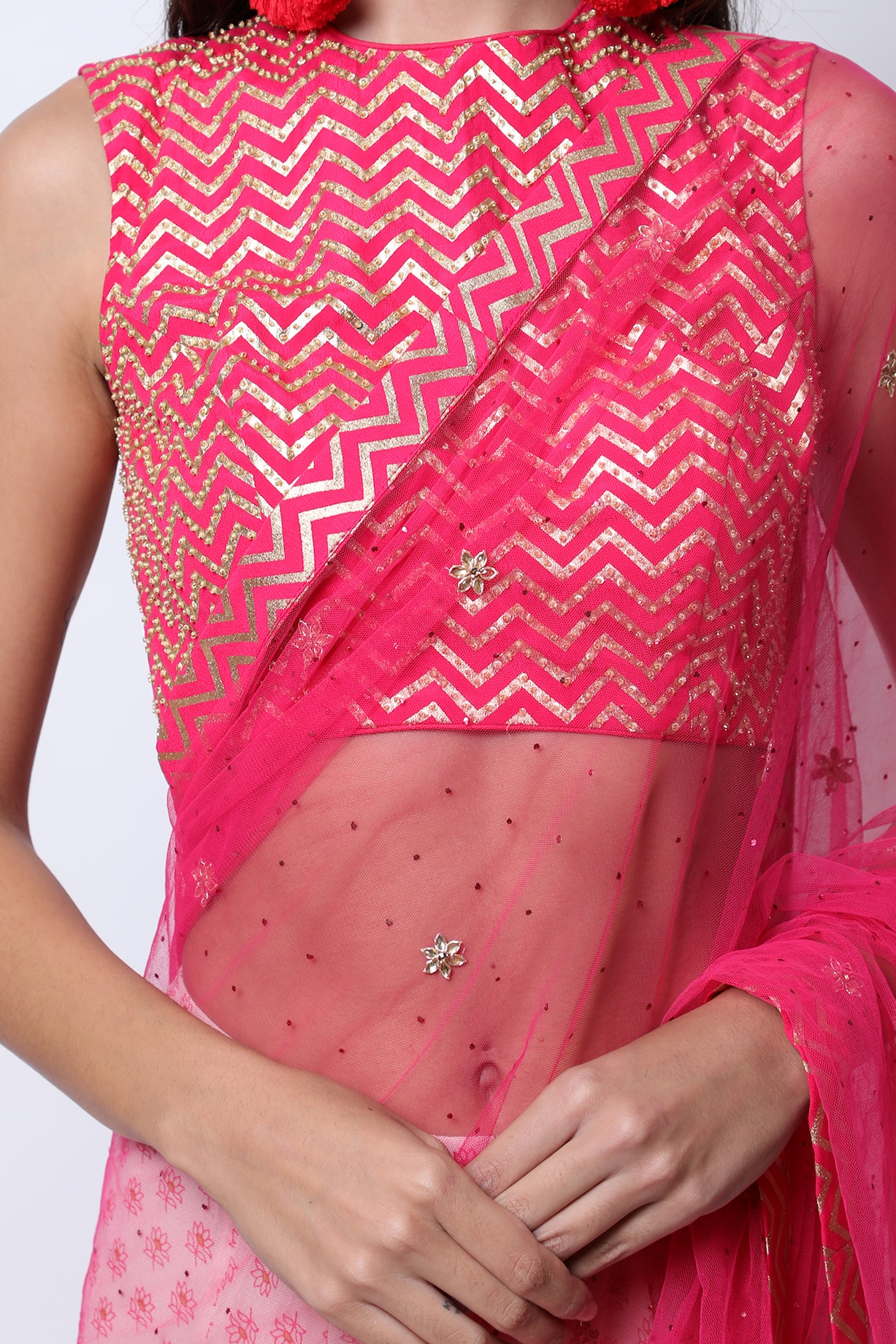 Rani Pink & Red Georgette Aari Embroidered & Lotus Printed Pre-Stitched ...