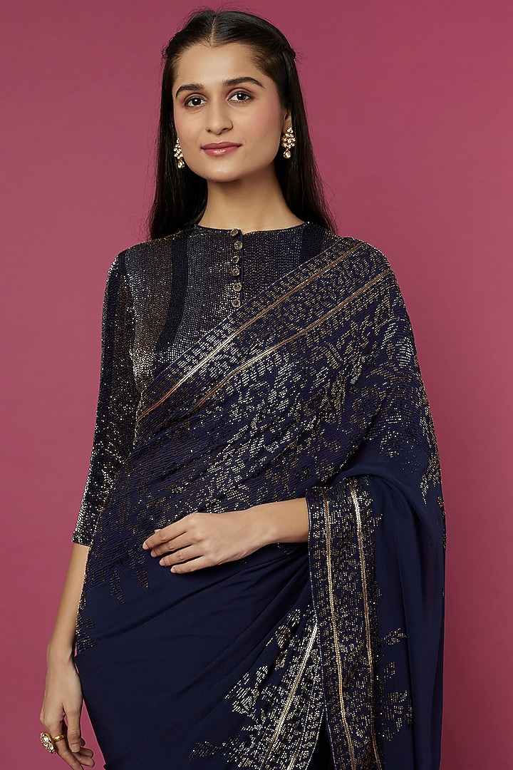 Navy Blue Embroidered saree Set by Nakul Sen at Pernia's Pop Up Shop 2024