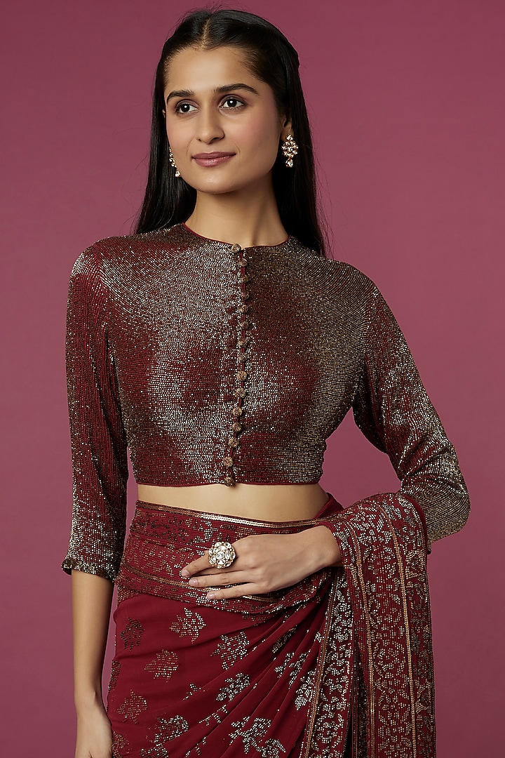 Red Embroidered Saree Set By Nakul Sen At Pernias Pop Up Shop 2024