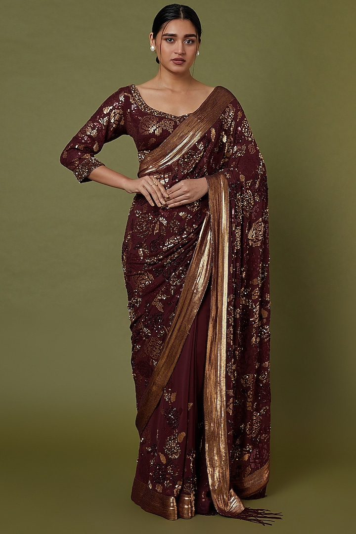 Wine Chiffon Sequins Embroidered Saree Set By Nakul Sen At Pernias Pop