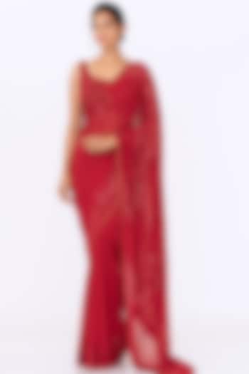 Red Embroidered Saree Set By Nakul Sen At Pernias Pop Up Shop 2025