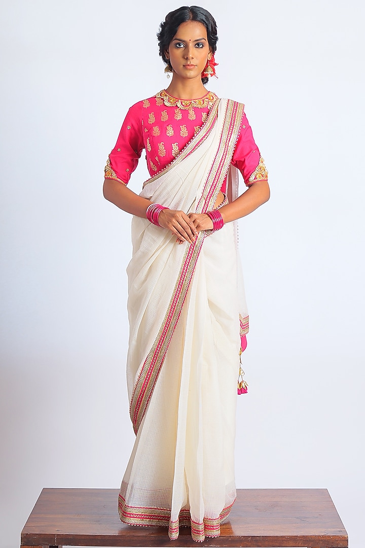 Ivory Kota Doria Embroidered Saree Set Design by Nikasha at Pernia's ...