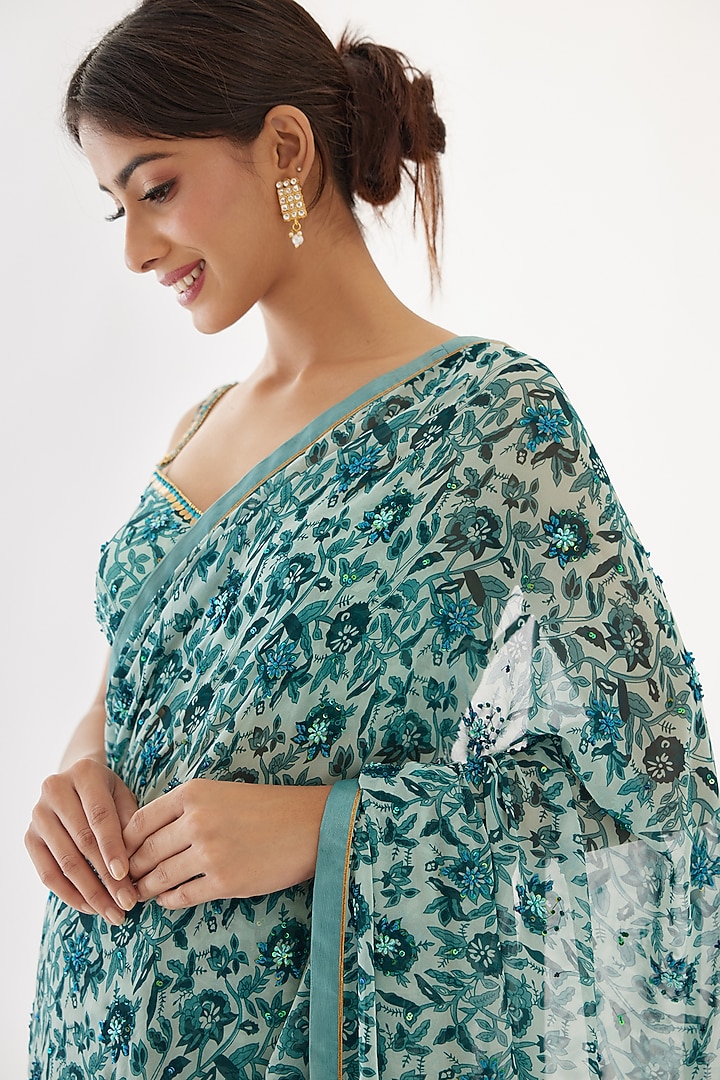 Sea Green & Turquoise Blue Viscose Georgette Floral Printed Saree Set ...