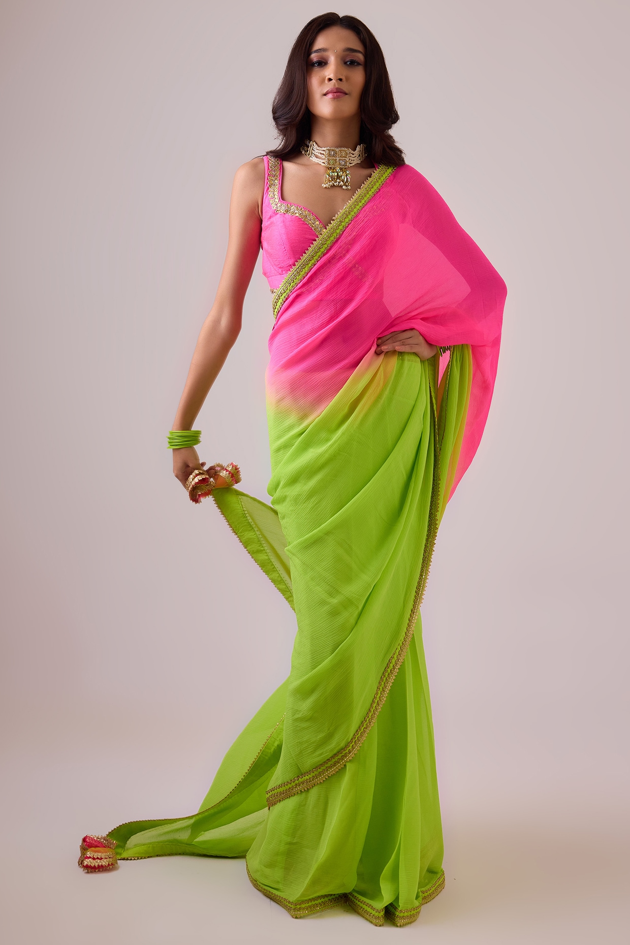 Totiya Lime & Pink Ombre Pure Silk Chiffon Saree Set by Nikasha at ...