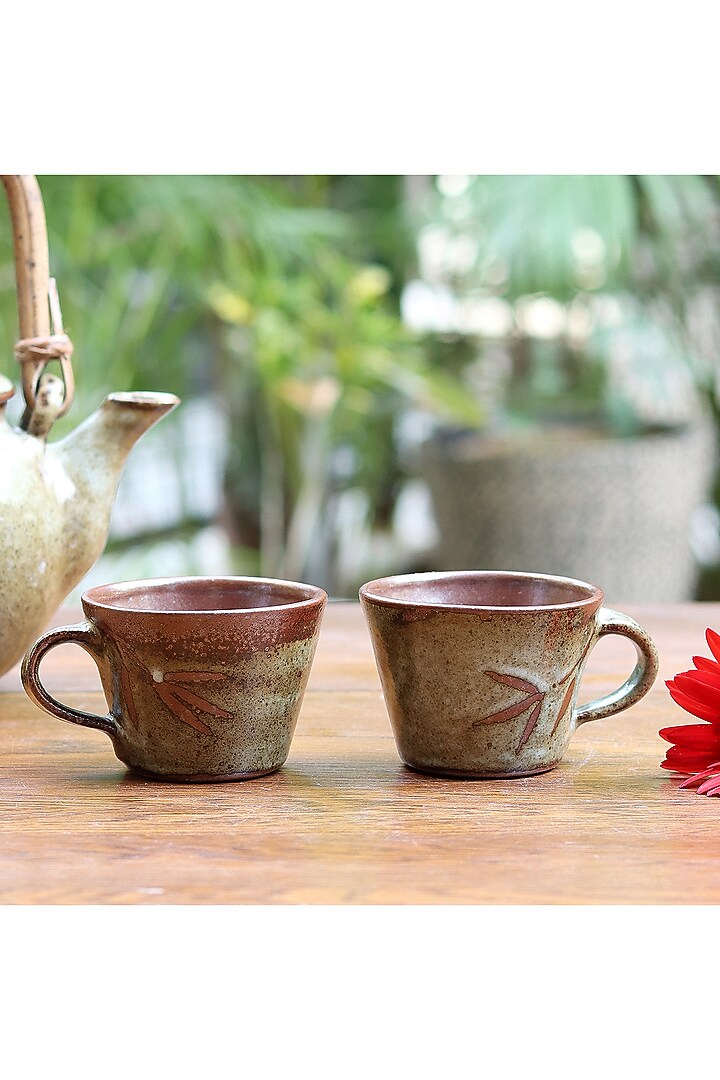 Olive Green Studio Pottery V-Shaped Cups (200 Ml) (Set of 2) by Nakshikathaa at Pernia's Pop Up ...
