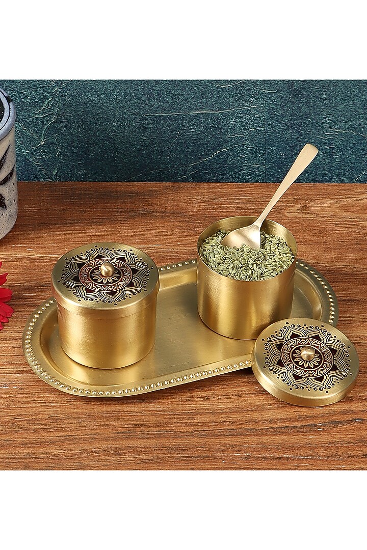Gold Utsav Brass Condiment Jar Set by Nakshikathaa at Pernia's Pop Up ...
