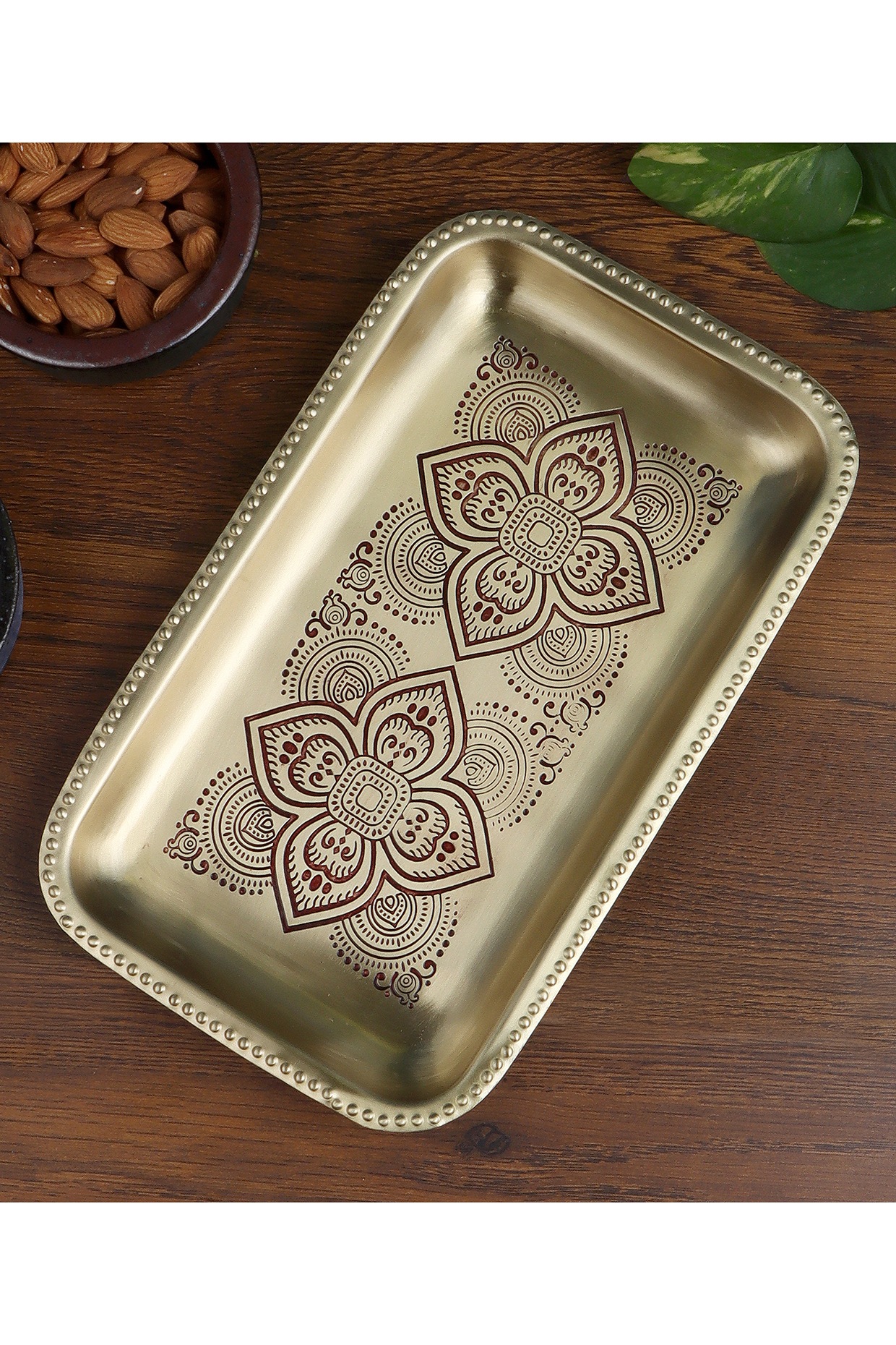 Gold & Maroon Dohar Brass Rectangular Decorative Tray by Nakshikathaa ...