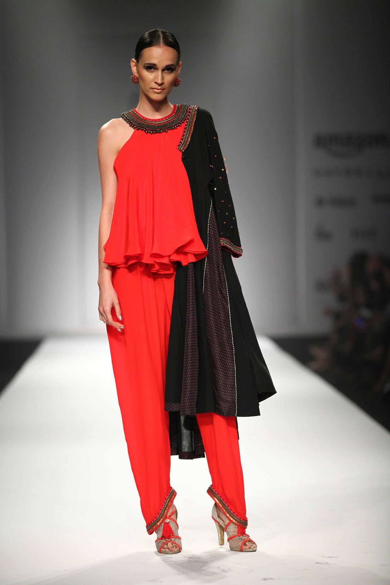Red kali jumpsuit with thar long black embroidered kali jacket ...