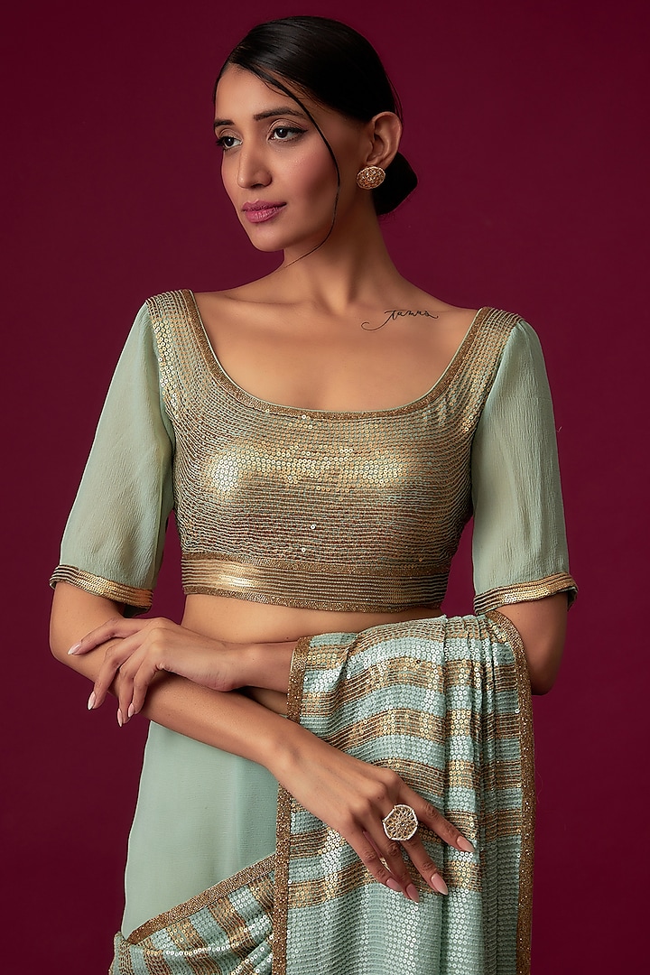 Sage Green Silk Chiffon Embroidered Saree Set Design By Nakul Sen At