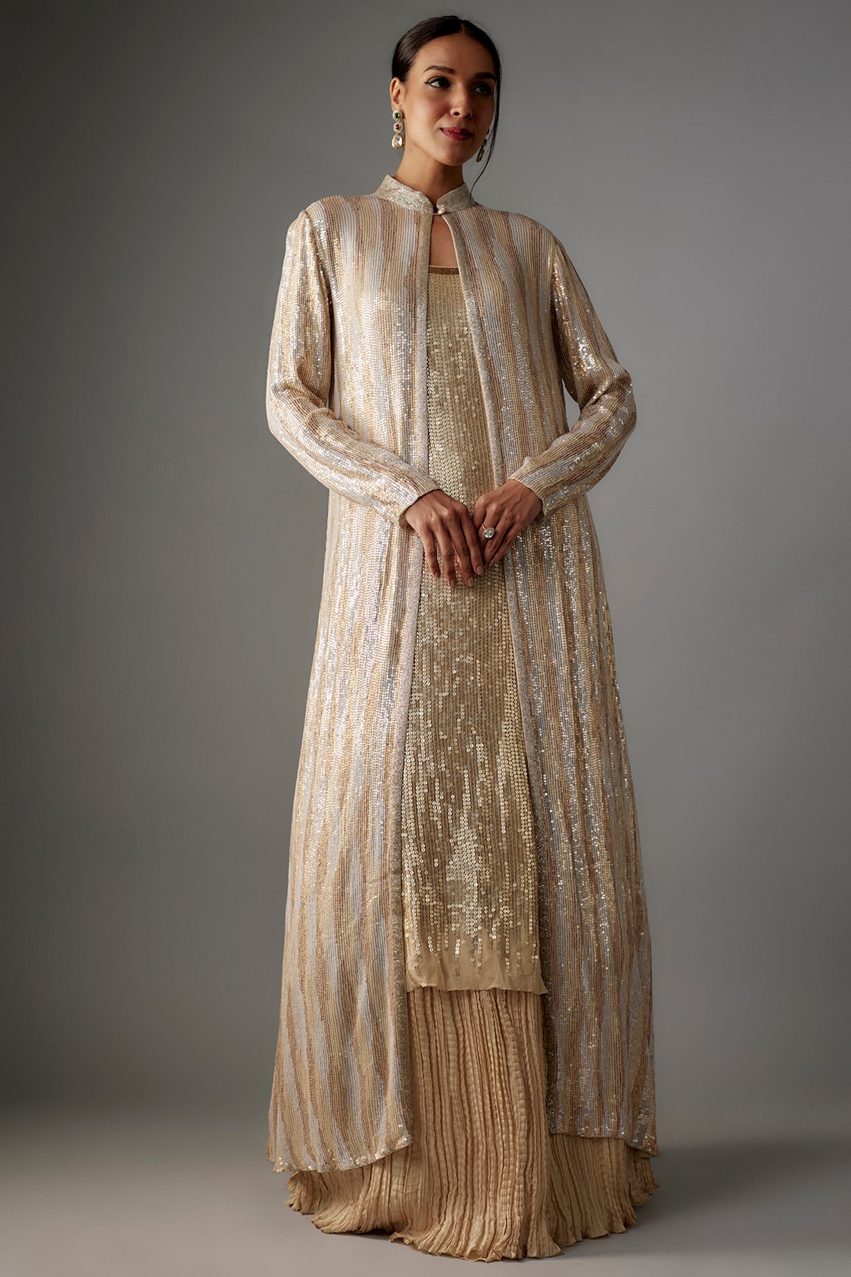 Ivory Chiffon Sequins Embroidered Jacket Set by Nakul Sen at Pernia's ...