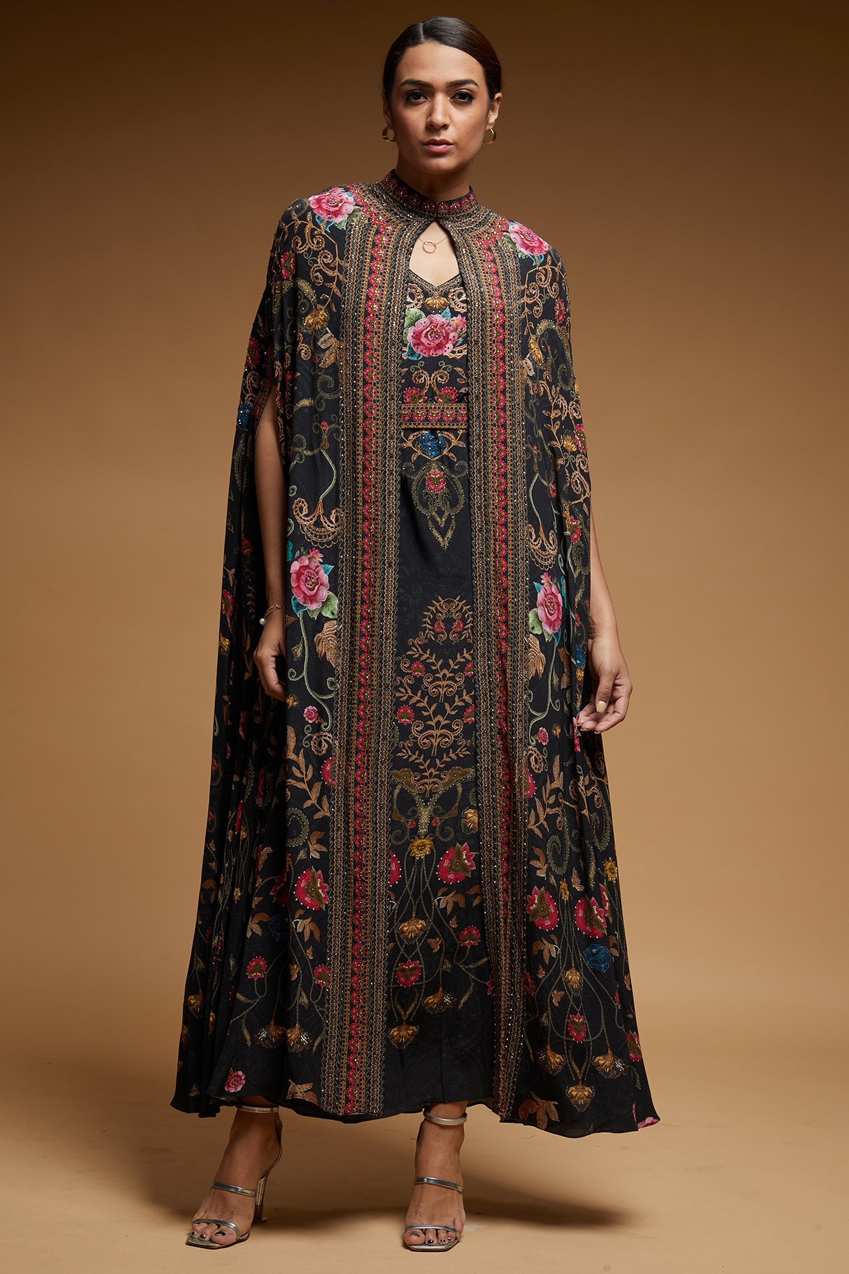 Black Bemberg Crepe Digital Printed Cape With Attached Inner by ...