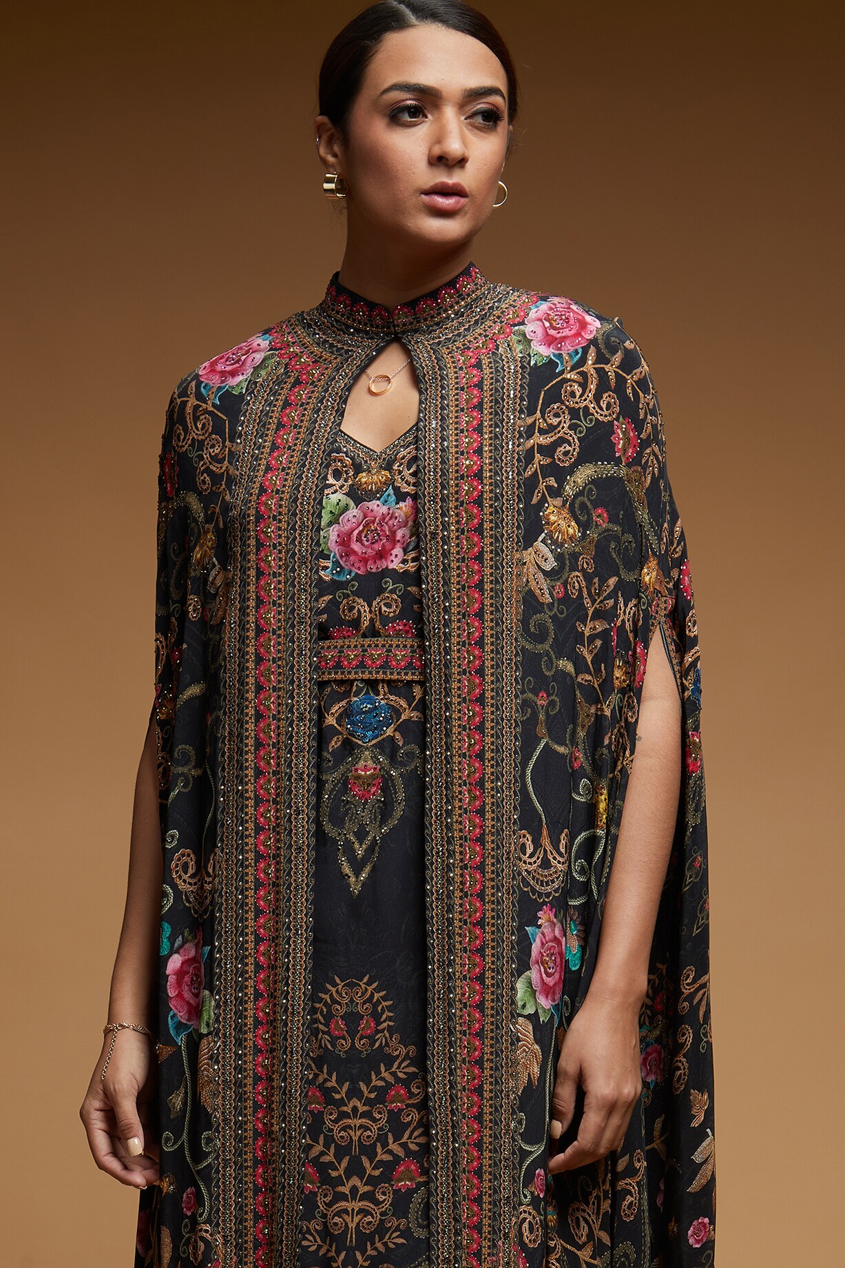 Black Bemberg Crepe Digital Printed Cape With Attached Inner by ...
