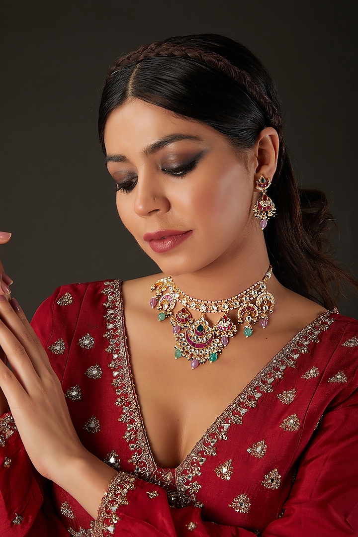 Micro Gold Finish Pink & Green Kundan Polki Choker Necklace Set by Namasya at Pernia's Pop Up ...