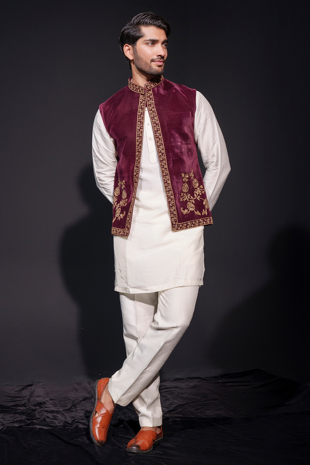 Deep Maroon Velvet Zardosi Embroidered Waistcoat Set by Niloufer by ...