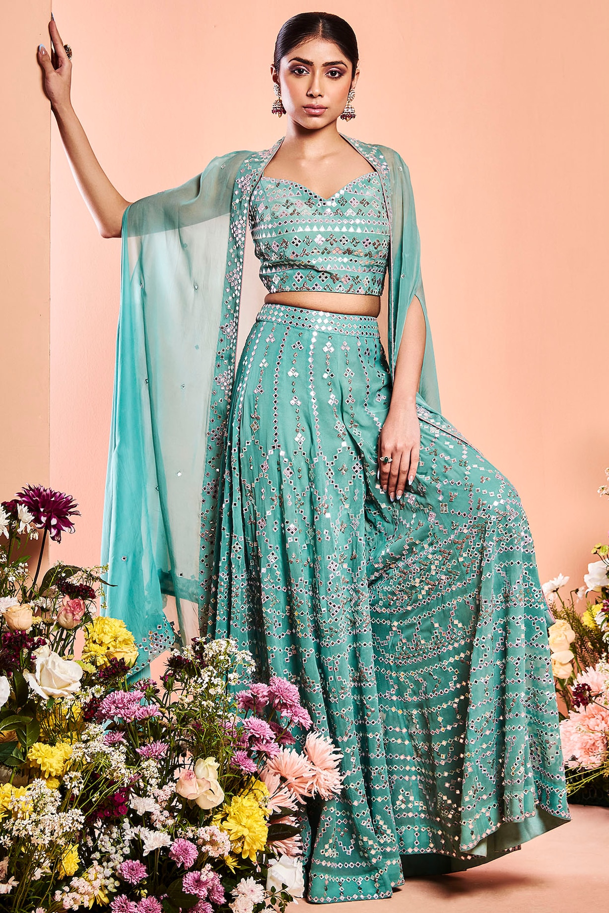 Aqua Blue Embroidered Sharara Set With Cape by NIAMH by Kriti at Pernia ...