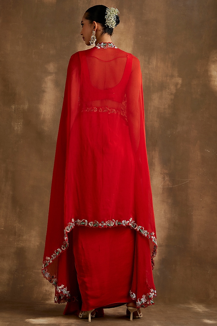 Rust Red Silk Crepe & Organza Hand Embroidered Cape Set by NIAMH by ...