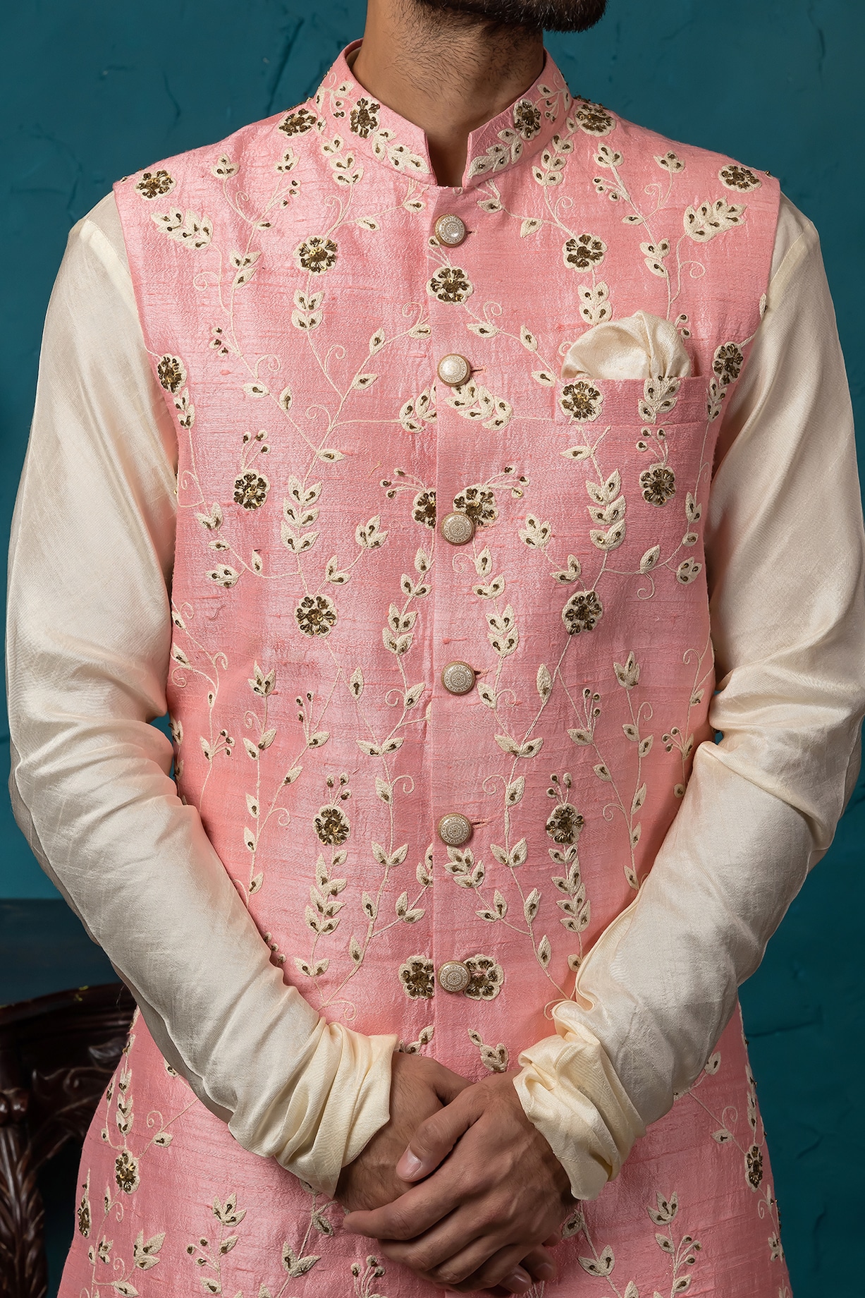 Blush Pink Silk Embroidered Koti Jacket Set by Nautanky By Nilesh ...