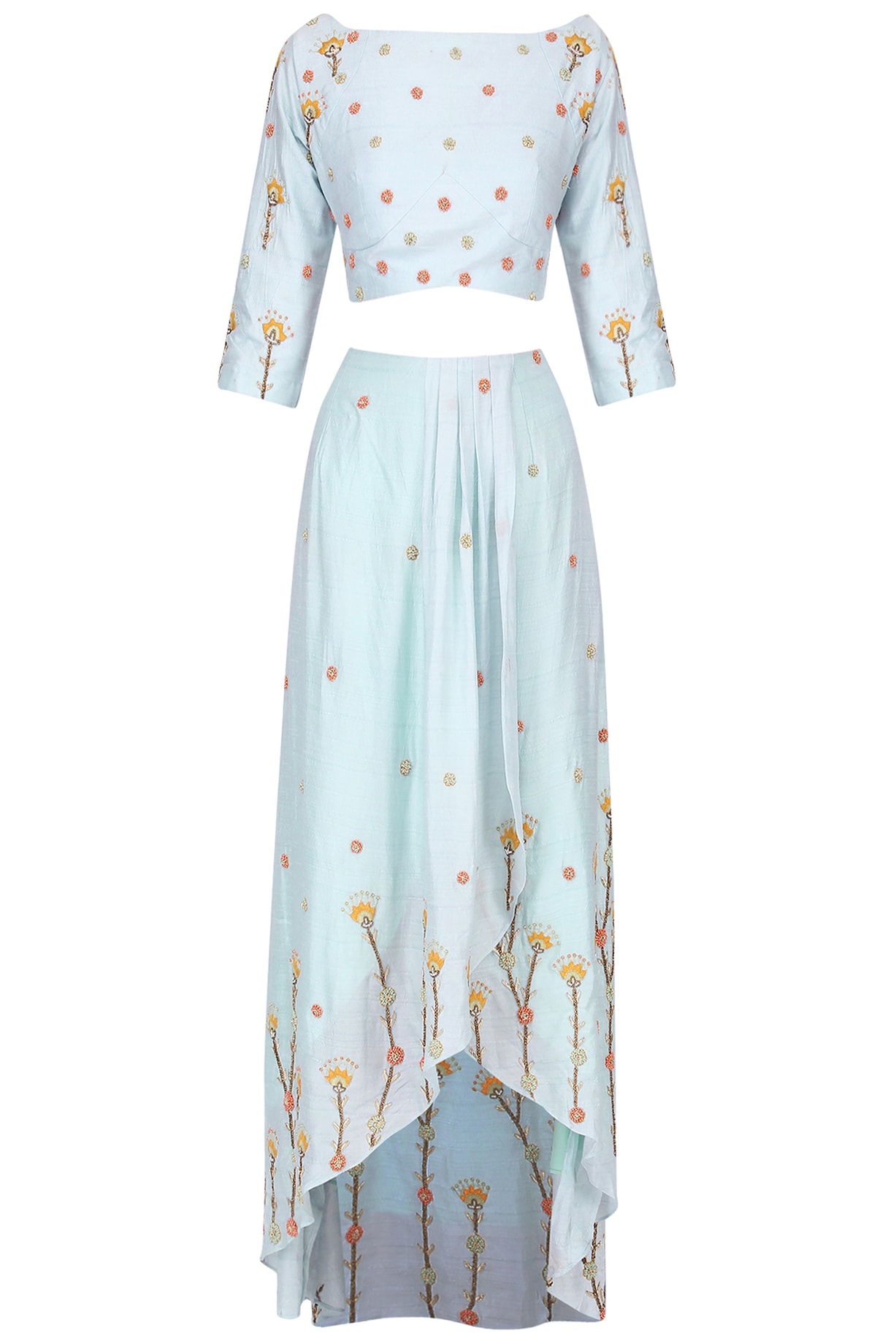 Powder blue embroidered crop top and asymmetric skirt available only at ...