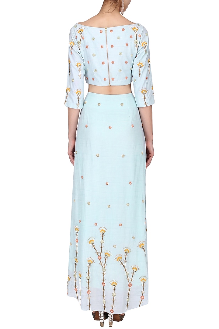 Powder blue embroidered crop top and asymmetric skirt available only at ...