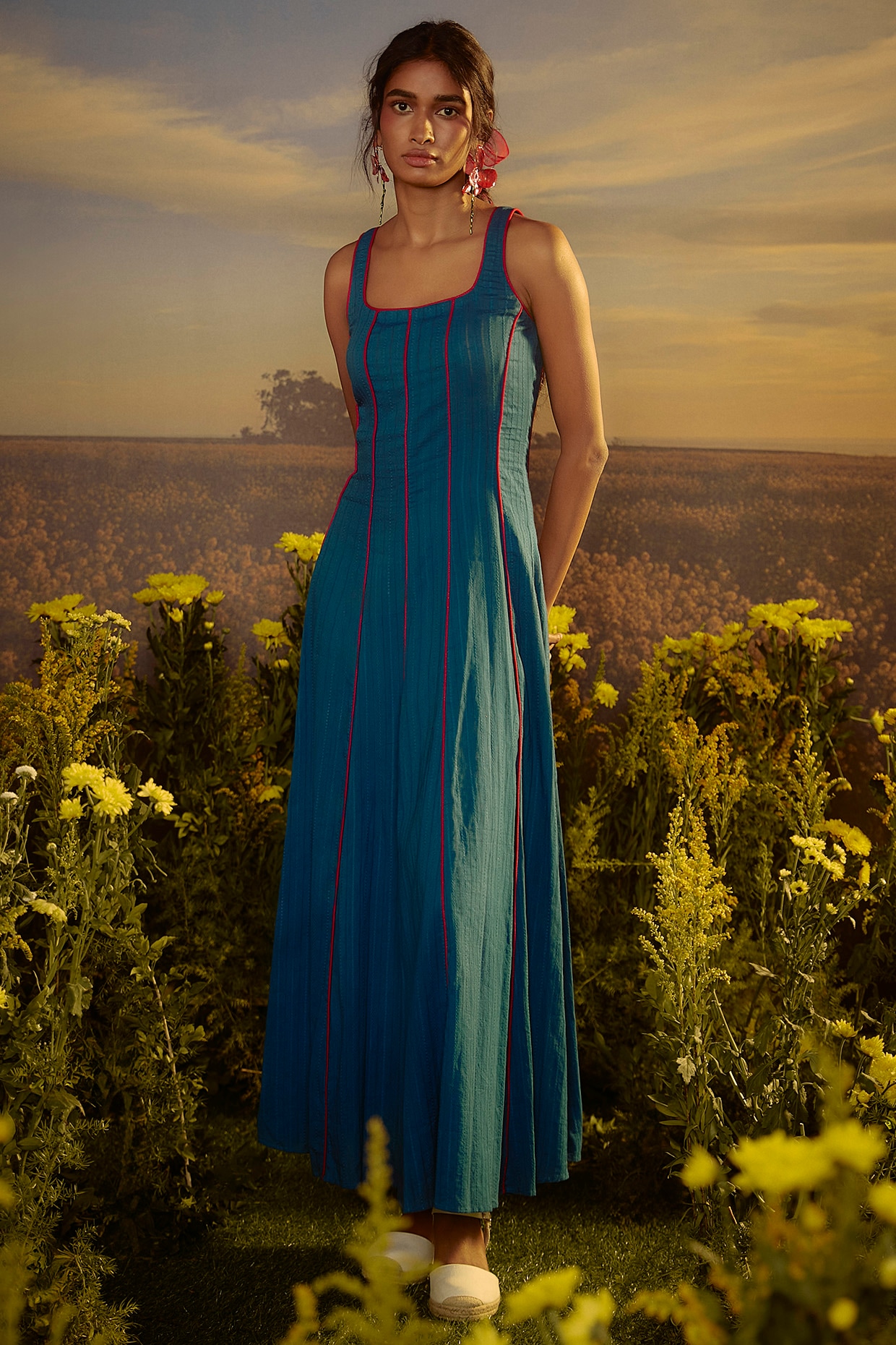 Blue Textured Cotton & Jute Cording Maxi Dress by Nirmooha at Pernia's ...