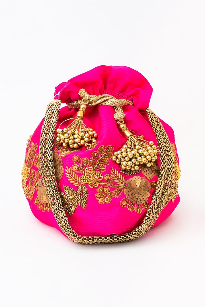 Pink & Gold Raw Silk Embroidered Potli by NR By Nidhi Rathi at Pernia's ...