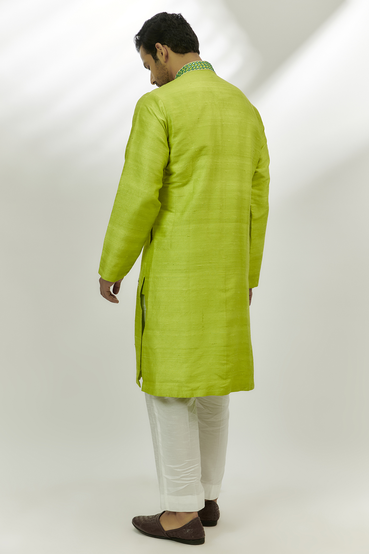 Lime Green Raw Silk Resham & Pearl Embroidered Kurta Design by Nadima ... Lime Green Raw Silk Resham & Pearl Embroidered Kurta Design by Nadima ...