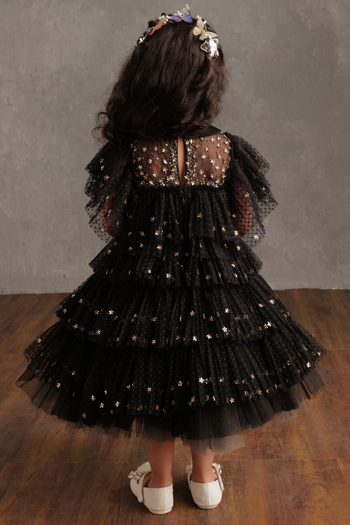 Black Semi Hard Net & Cancan Embroidered Layered Dress For Girls by NSS ...