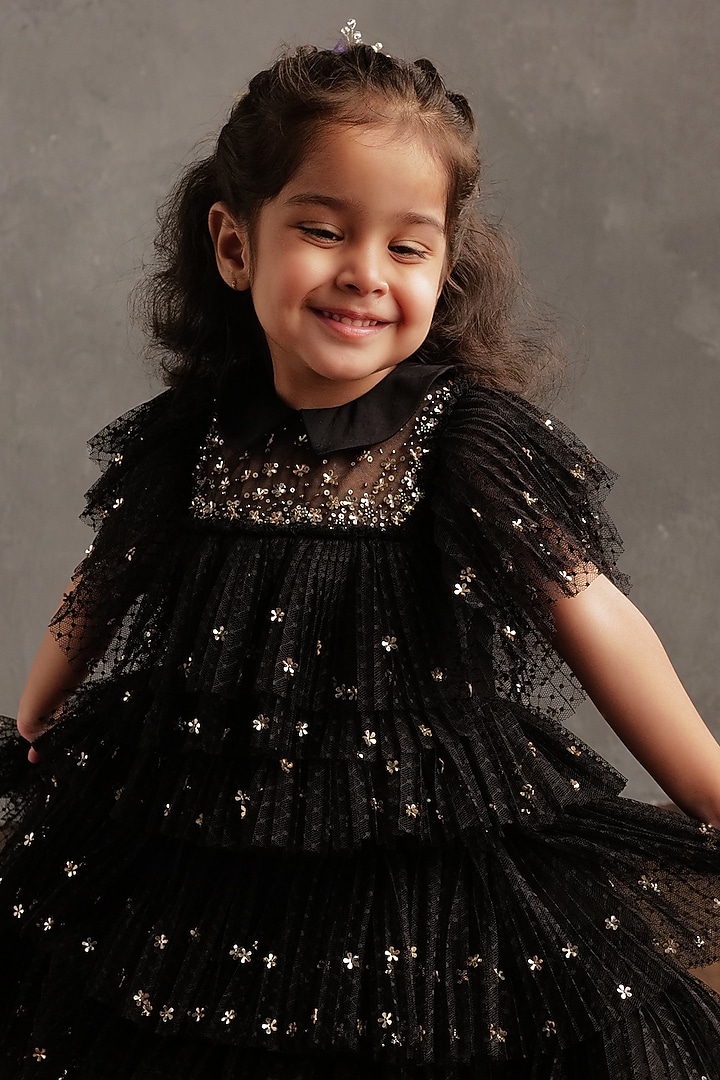 Black Semi Hard Net & Cancan Embroidered Layered Dress For Girls by NSS ...