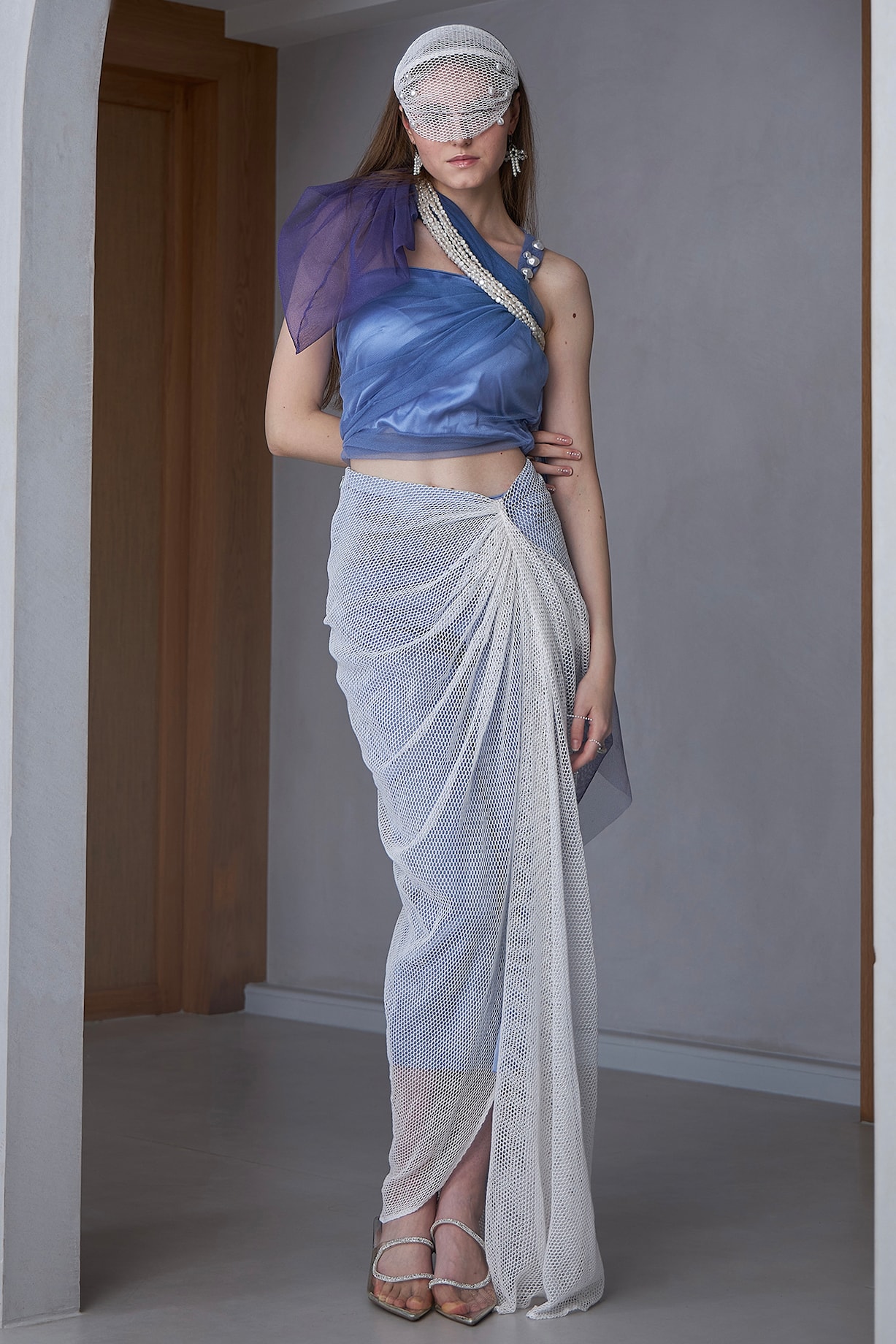 Blue & White Satin Silk Pant Set by Naina Seth at Pernia's Pop Up Shop 2024