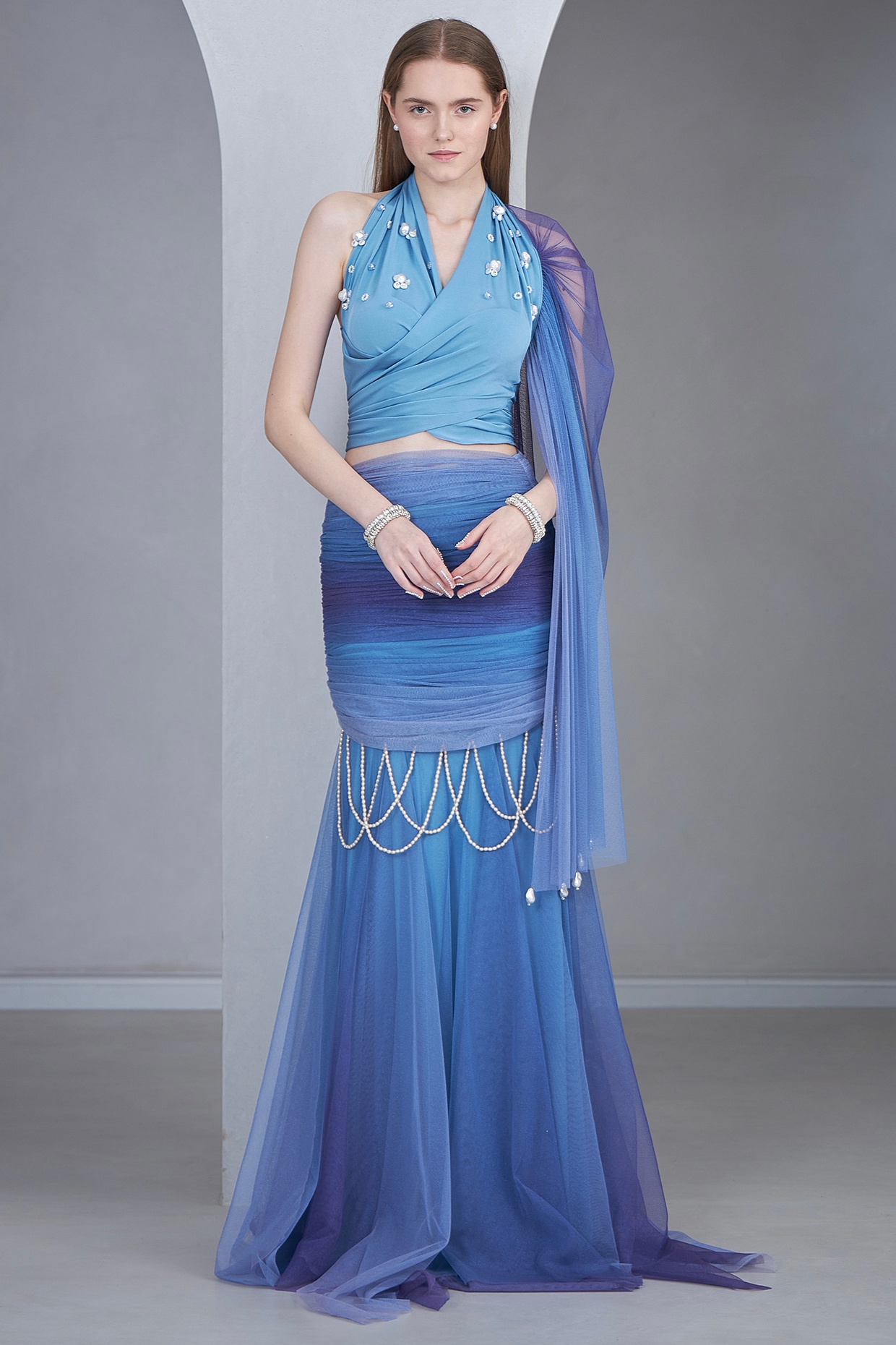 Blue Stretch Knit & Tulle Pearl Embroidered Ombre Lehenga Set by Naina Seth at Pernia's Pop Up ...