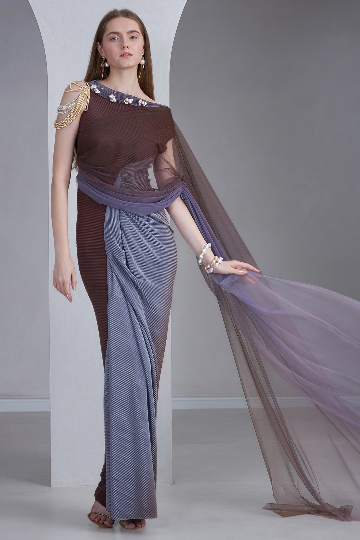 Old Mauve & Lavender Grey Self Pleated Stretch Pearl Embellished Draped Gown by Naina Seth at ...