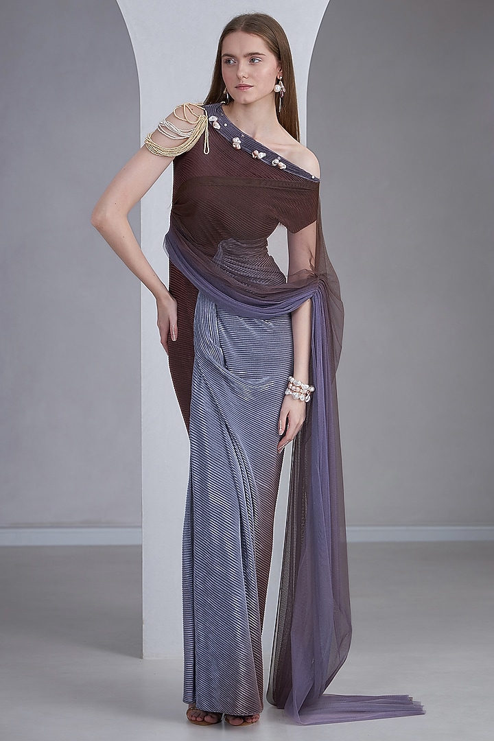 Old Mauve & Lavender Grey Self Pleated Stretch Pearl Embellished Draped Gown by Naina Seth at ...