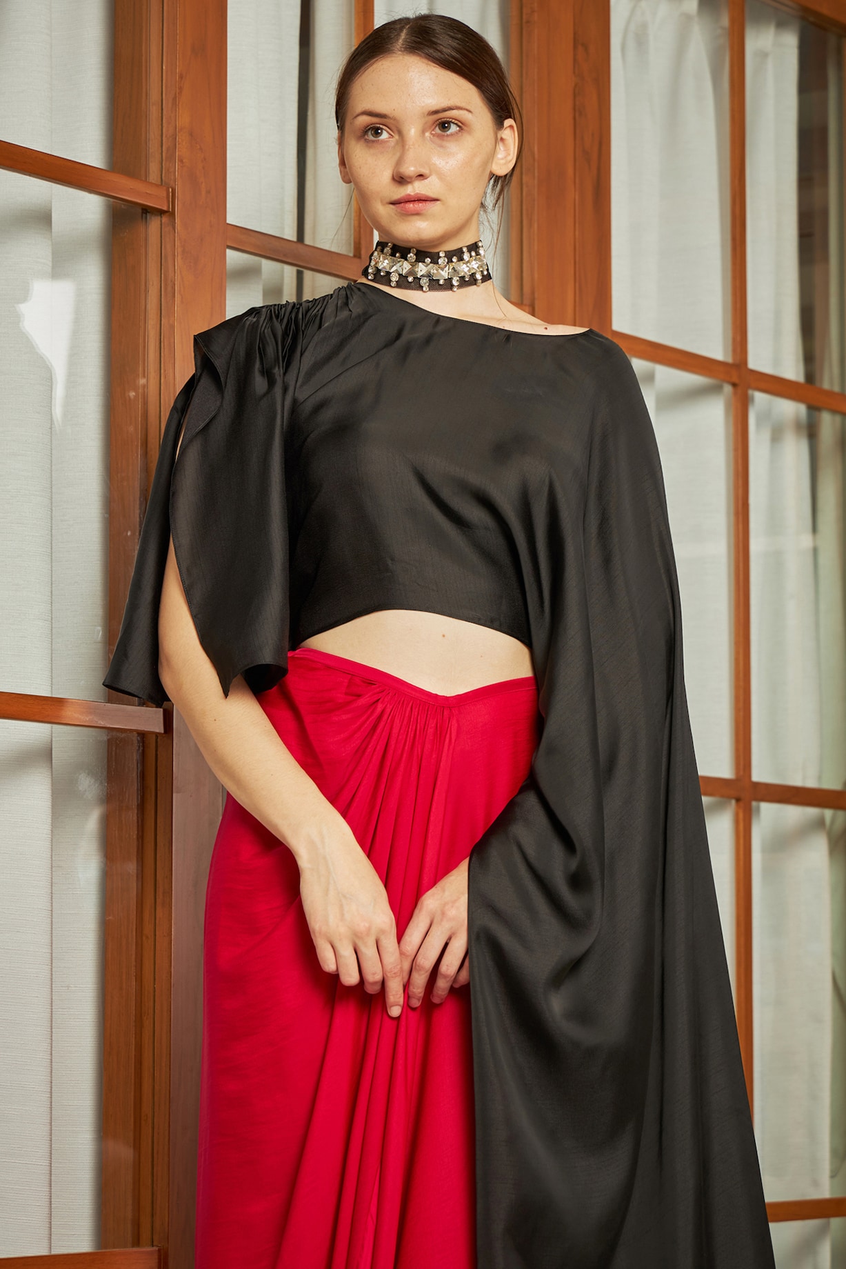 Red Silk Draped Skirt Set Design by Naina Seth at Pernia's Pop Up Shop 2024
