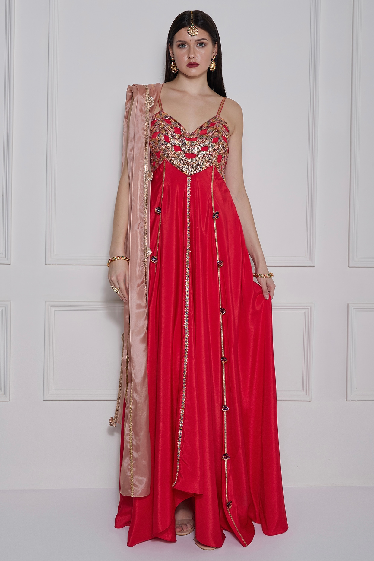 Red Crepe Gota Work Fusion Gown With Dupatta by Naina Seth at Pernia's Pop Up Shop 2025