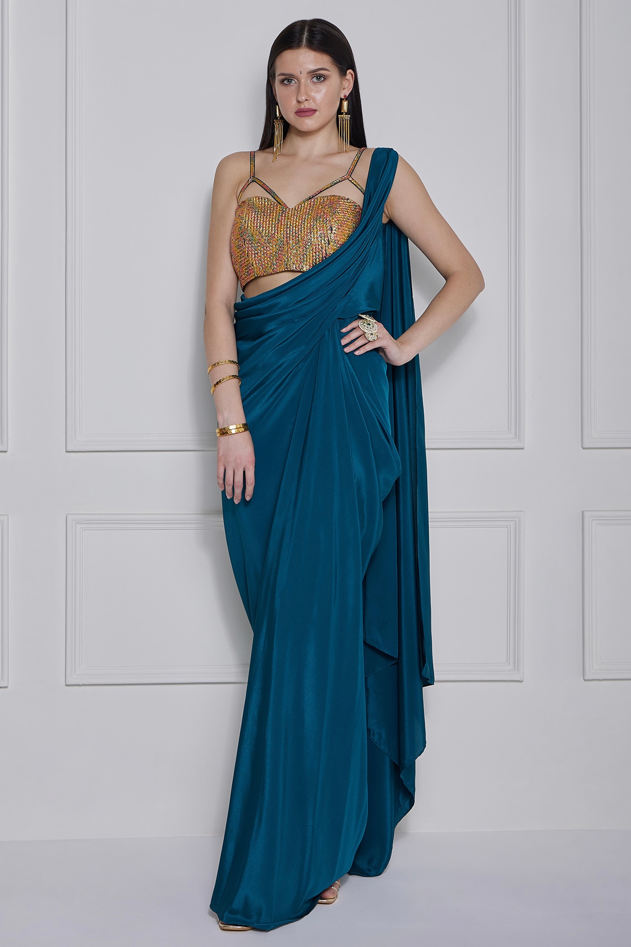 Teal Blue Crepe Draped Gown Saree Set by Naina Seth at Pernia's Pop Up Shop 2024