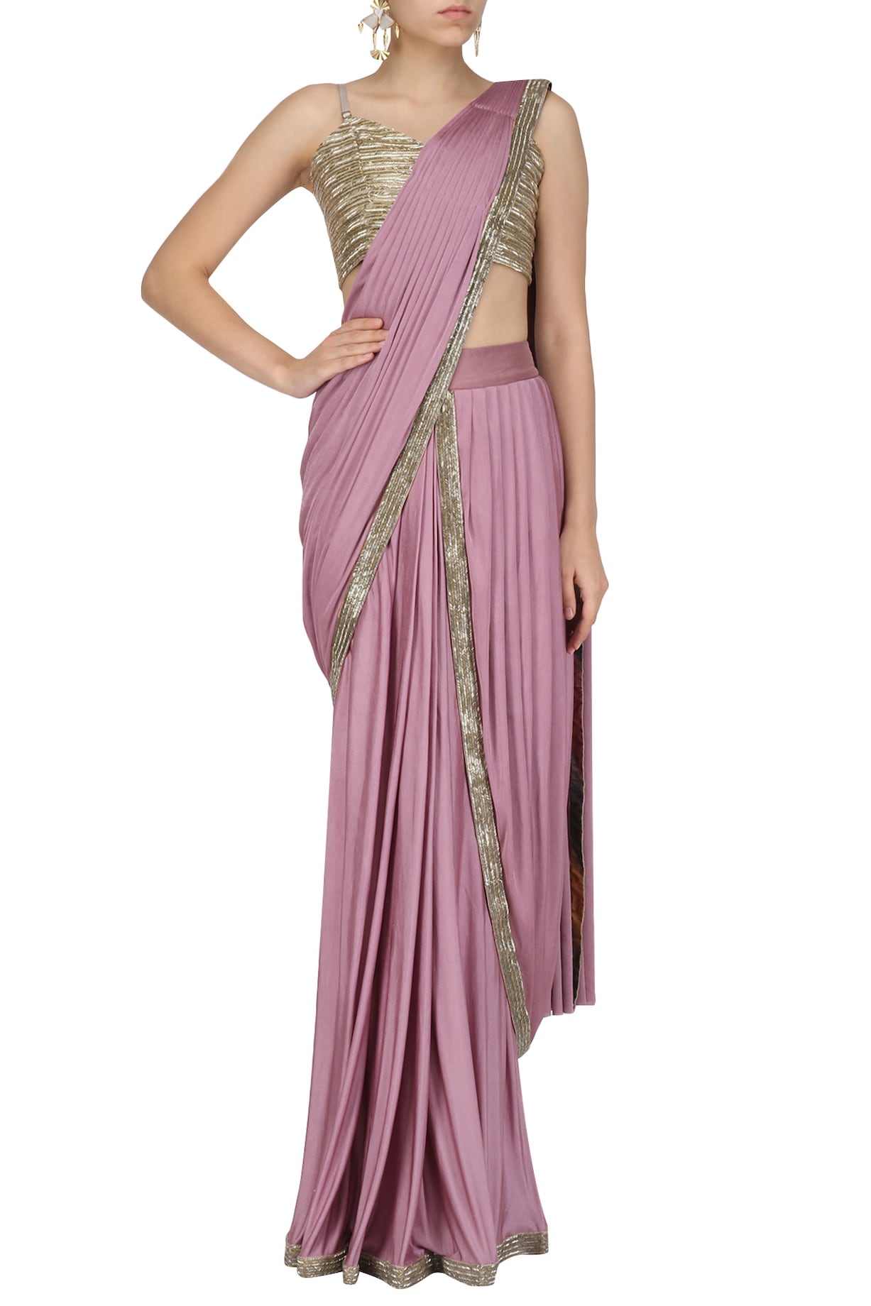 Lilac embroidered drape saree available only at Pernia's Pop Up Shop. 2024