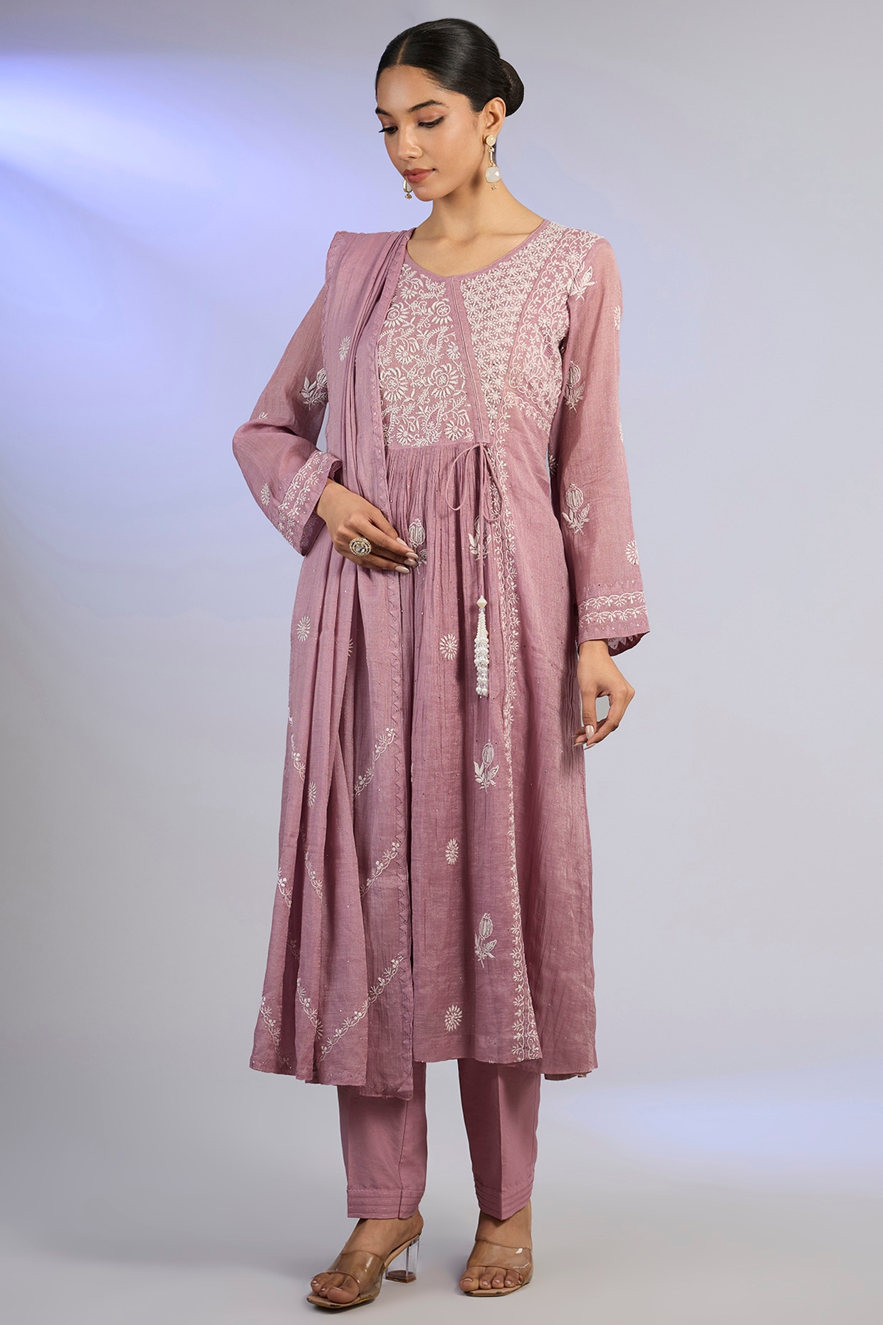Onion Pink Tissue Chanderi Silk Chikankari Embroidered Kurta Set by Nyara by Nicky Chawla at ...