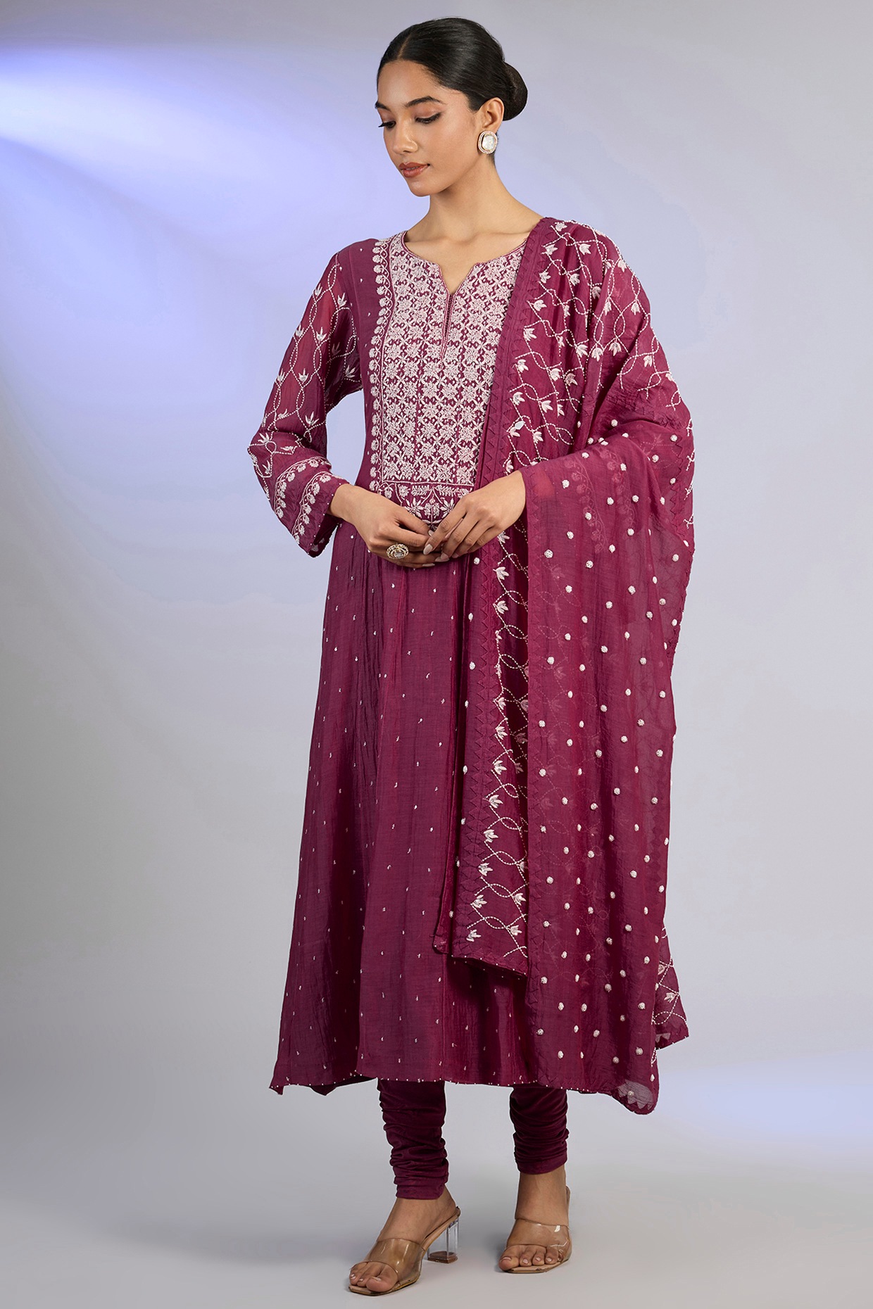 Magenta Mal Chanderi & Cotton Chikankari Embroidered Anarkali Set by ...