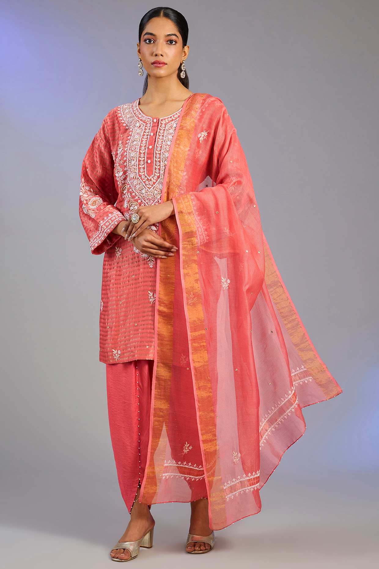 Peach Chanderi Silk & Cotton Chikankari Embroidered Kurta Set by Nyara by Nicky Chawla at Pernia ...