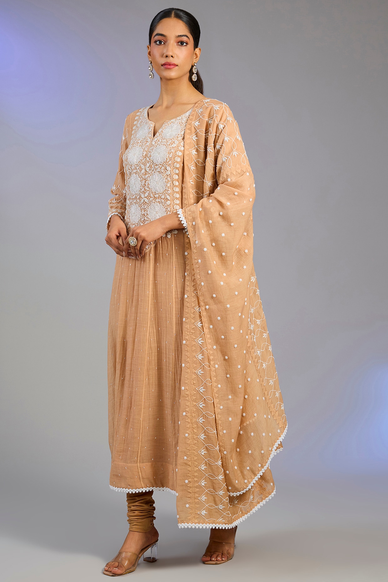 Beige Mal Chanderi Chikankari Embroidered Anarkali Set by Nyara by Nicky Chawla at Pernia's Pop ...