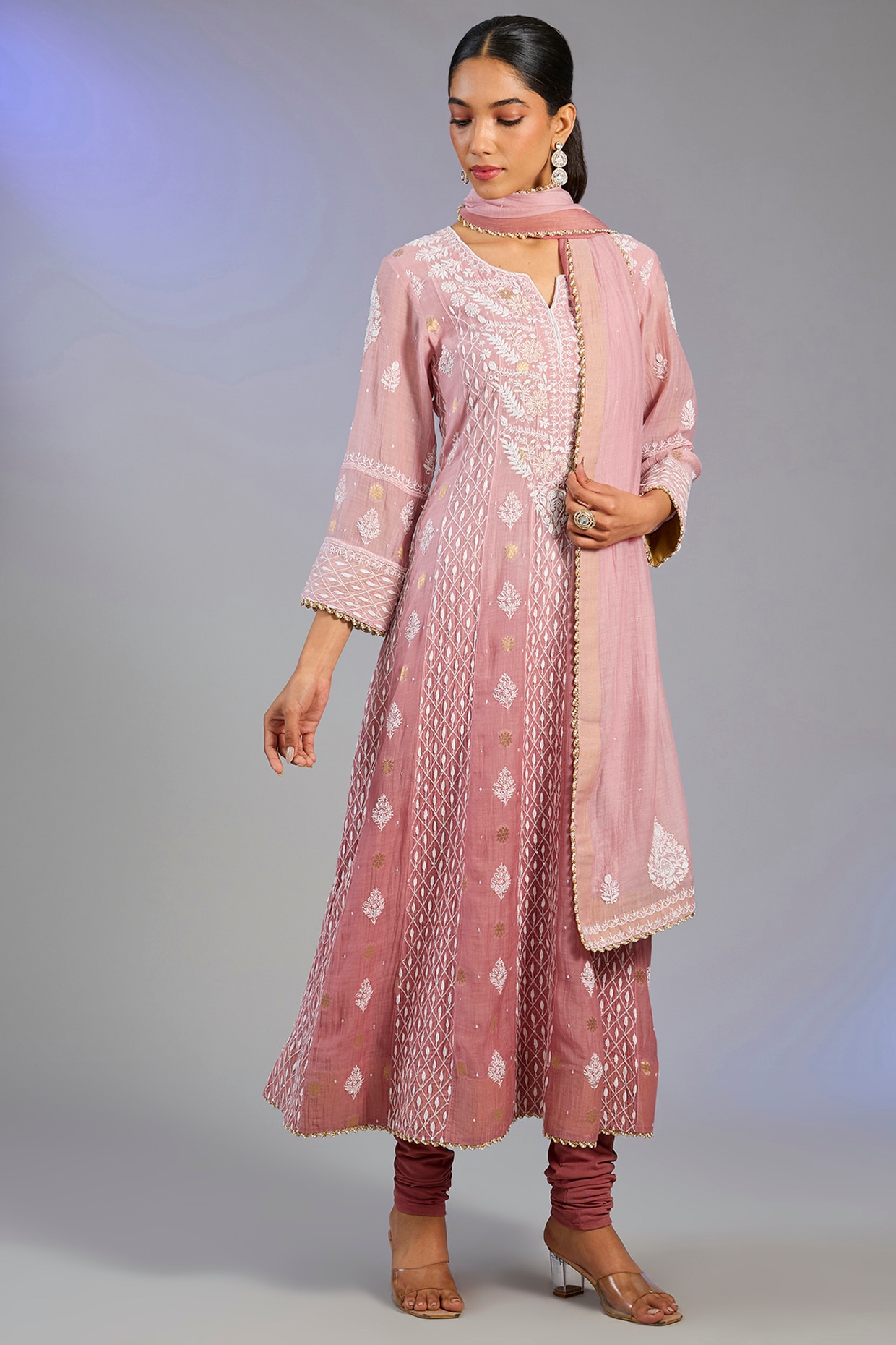Pink Mal Chanderi Chikankari Embroidered Anarkali Set by Nyara by Nicky Chawla at Pernia's Pop ...