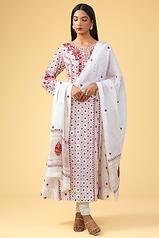 White Mal Chanderi & Cotton Silk Chikankari Embroidered Anarkali Set by ...