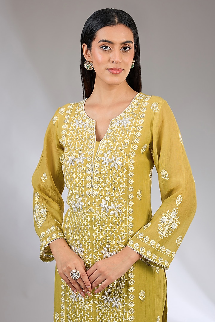 Yellow Mal Chanderi Cutdana Embroidered Chikankari Kurta Set by NYARA ...