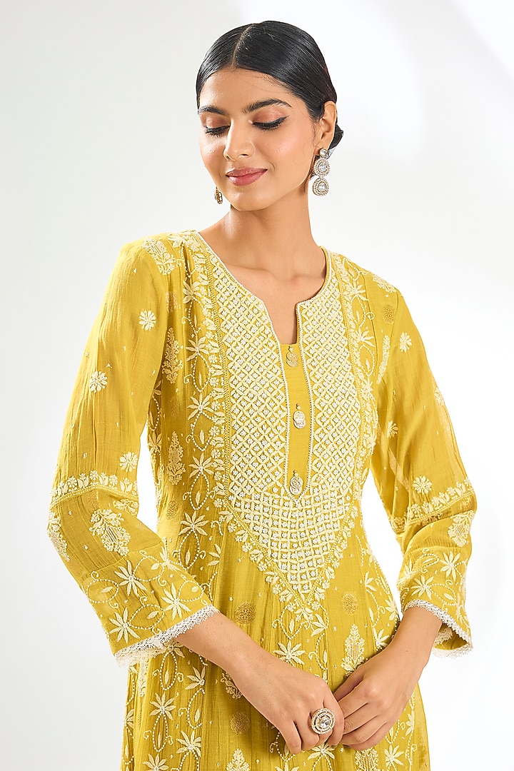 Yellow Mal Chanderi & Cotton Chikankari Embroidered Anarkali Set by ...