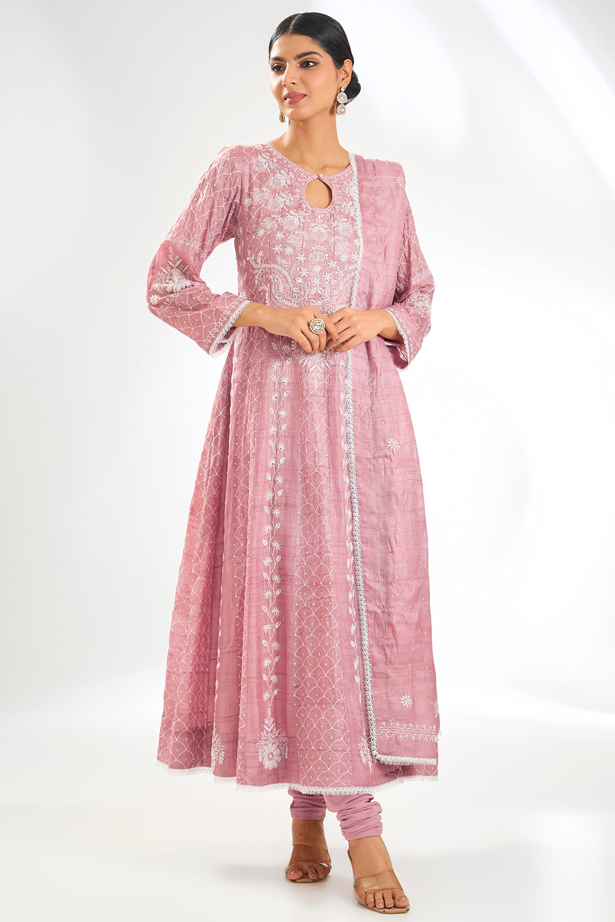 Pink Mal Chanderi & Cotton Chikankari Embroidered Anarkali Set by NYARA at Pernia's Pop Up Shop 2025