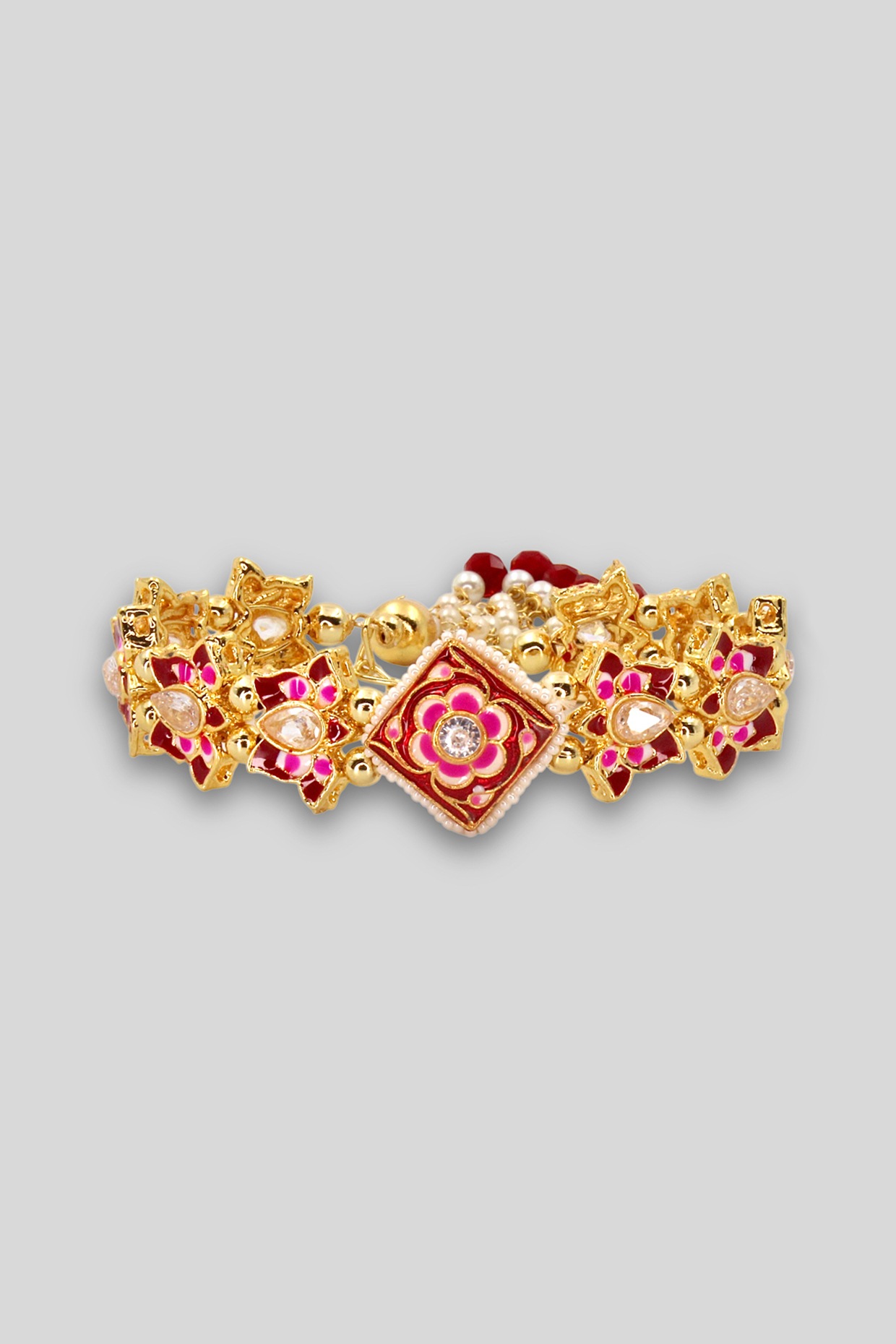 Gold Anti-Tarnish Finish Red & Pink American Diamond Meenakari Openable ...