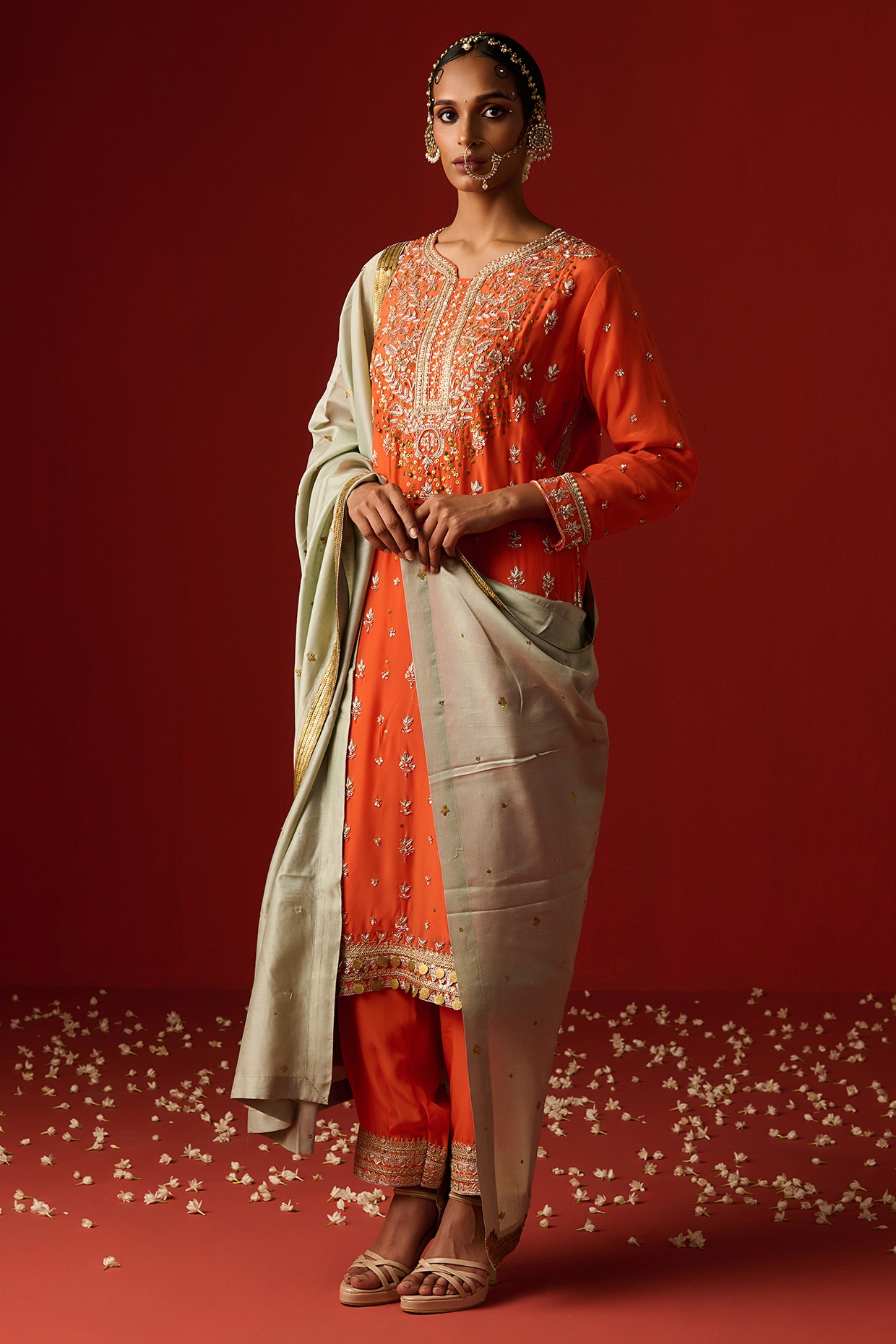 Orange Crepe Hand Embroidered Kurta Set by OHH CROW INDIA at Pernia's ...